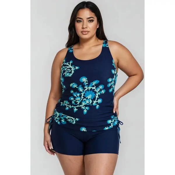 CALYPSA Maya Tankini Swim Top Removable Cups And Navy Swim Shorts Set - Barbados Blue