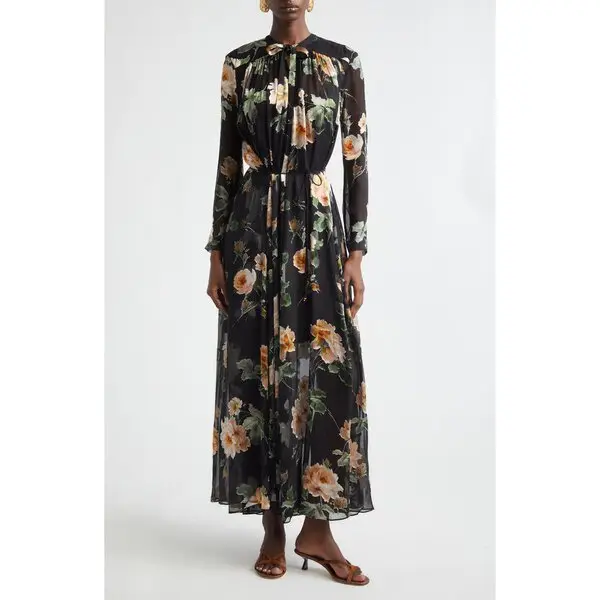 Zimmermann Luna Floral Long Sleeve Silk Burnout Maxi Dress - Black Rose