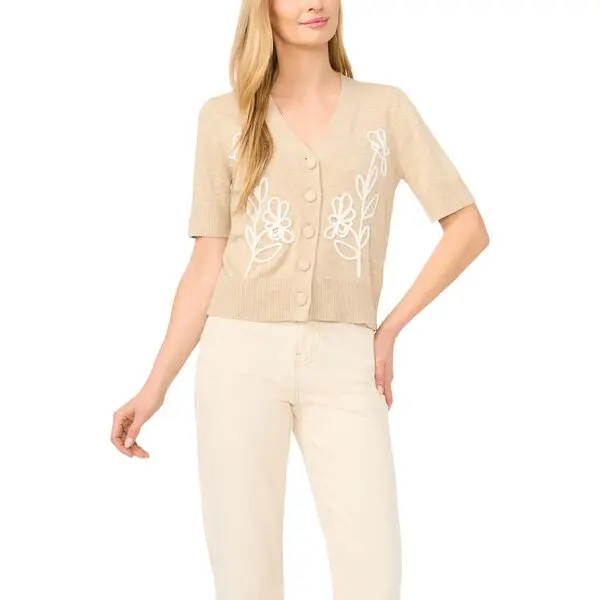 CECE DUPRAZ Embroidered Floral Short Sleeve Cardigan - Oatmeal Taupe