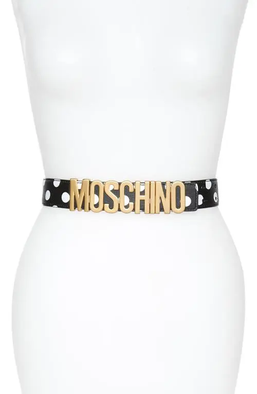 Moschino Logo Plate Polka Dot Saffiano Leather Belt - Black/gold