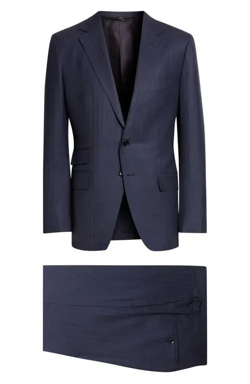 TOM FORD Wool Sharkskin Herringbone Suit - Navy
