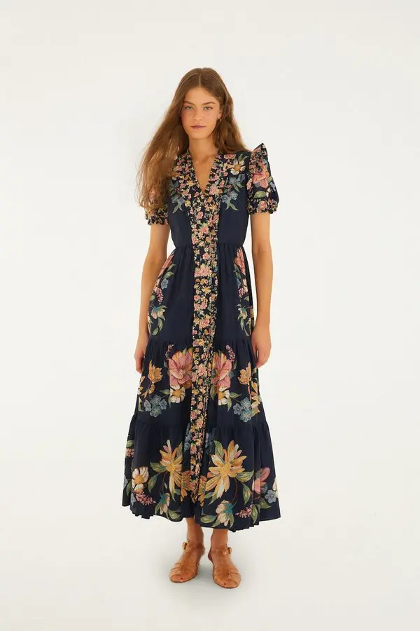 Farm Rio Dark Blue Maira Floral Short Sleeve Maxi Dress - Maira Floral Dark Blue