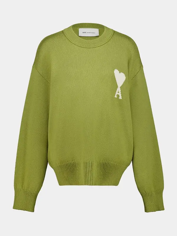 Ami Matcha Wool And Cotton De Coeur Crewneck Sweater - Green