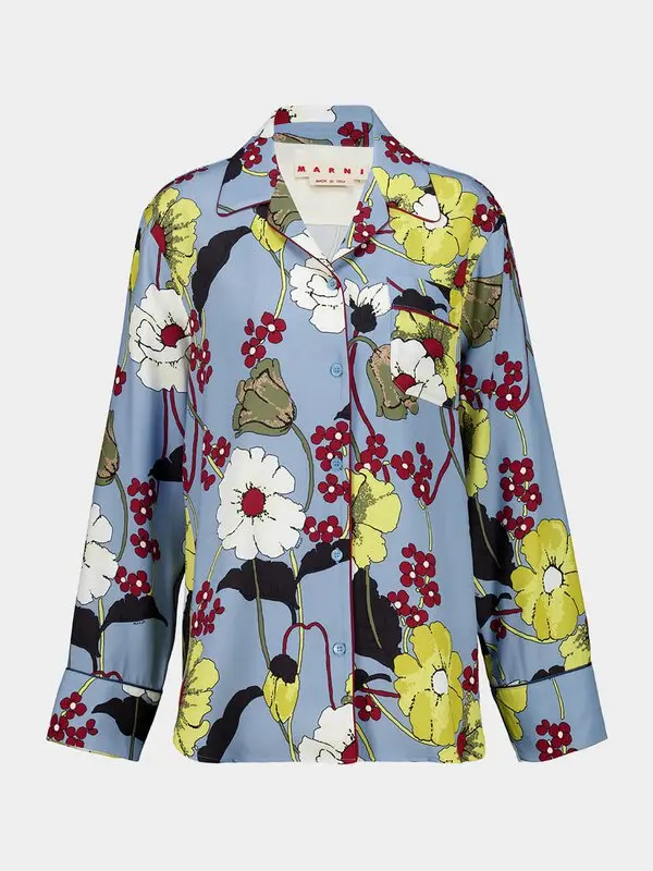 Marni Sky Envers Satin Pajama Shirt With Melodia Print - Blue