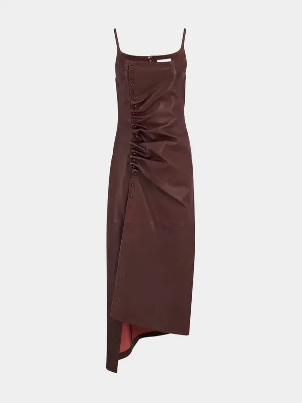 Rabanne Red Wine Draped Leather Midi Dress With Snap Closures - Burgundy