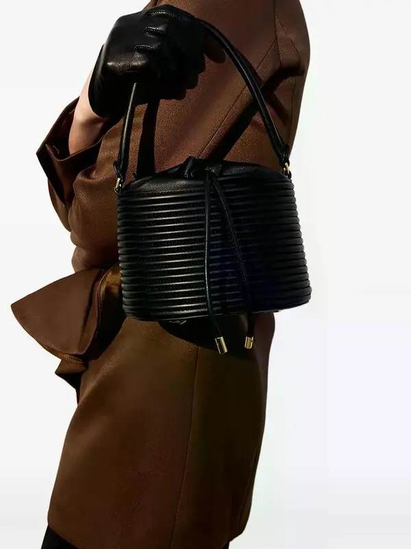POTAMY Drawstring Ribbed Leather Bucket Bag