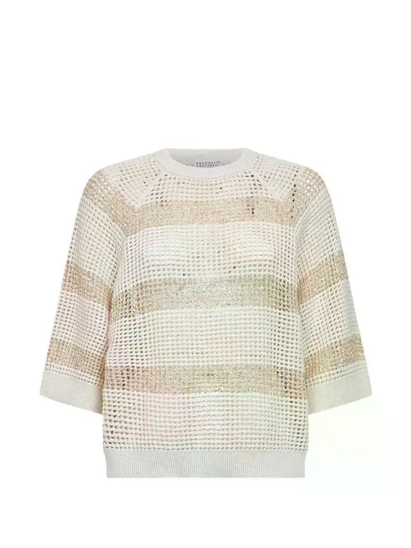 Brunello Cucinelli Sequin Embroidered Striped Sweater - Neutrals