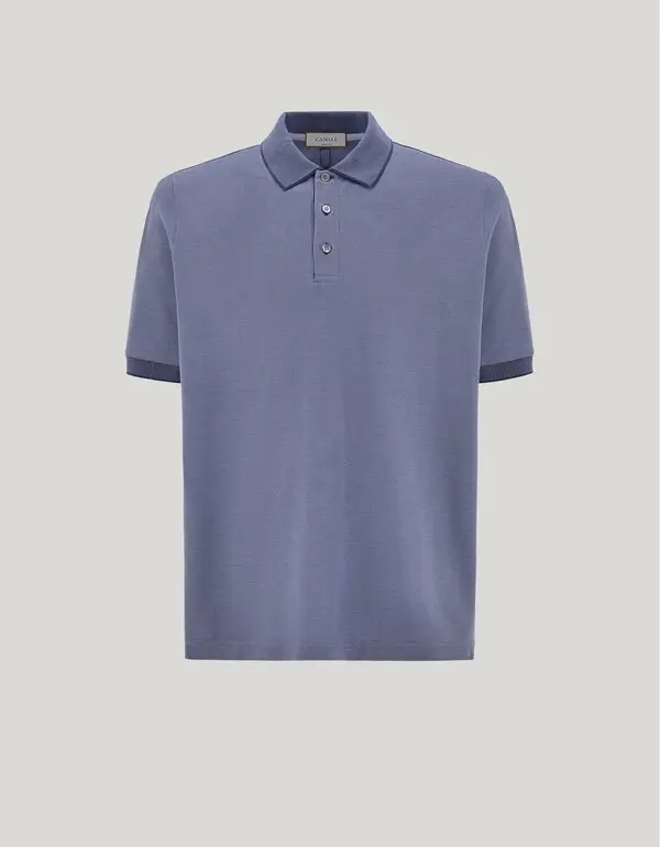 Canali Air Force Blue Cotton Piqué Polo Shirt With Contrasting Trim - Light Blue