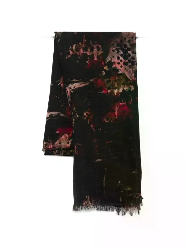 YAVI Fringed Print Scarf - Black