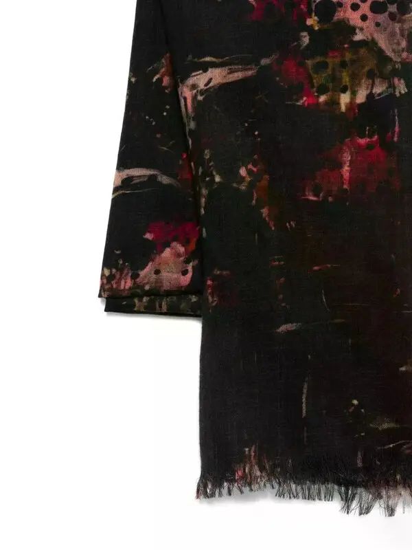YAVI Fringed Print Scarf - Black