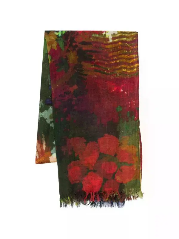YAVI Floral-print Frayed Scarf - Red