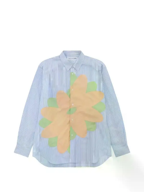 Comme Des Garçons Floral-print Striped Shirt - Blue