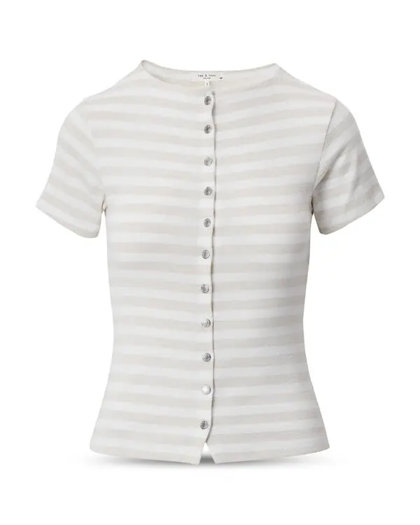 Rag & Bone The Knit Stripe Button Tee - Chalk Multi