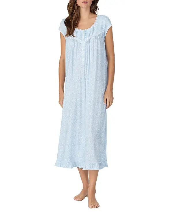 Eileen West Long Jersey Nightgown - Aqua Grid Ditsy