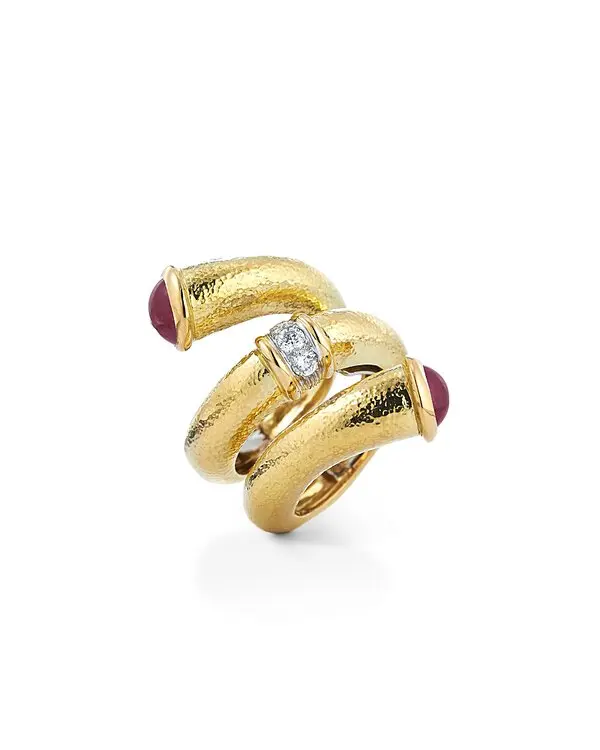 David Webb Platinum & 18k Yellow Tool Chest Ruby & Diamond Pipe Hammered Coil Ring - Gold