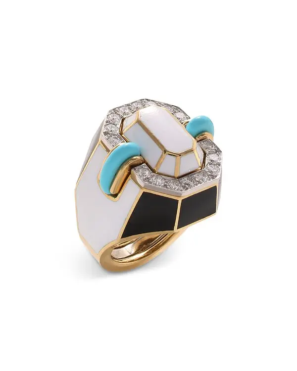 David Webb Platinum & 18k Yellow Manhattan Minimalism Diamond, Turquoise, & Enamel Statement Ring - Gold