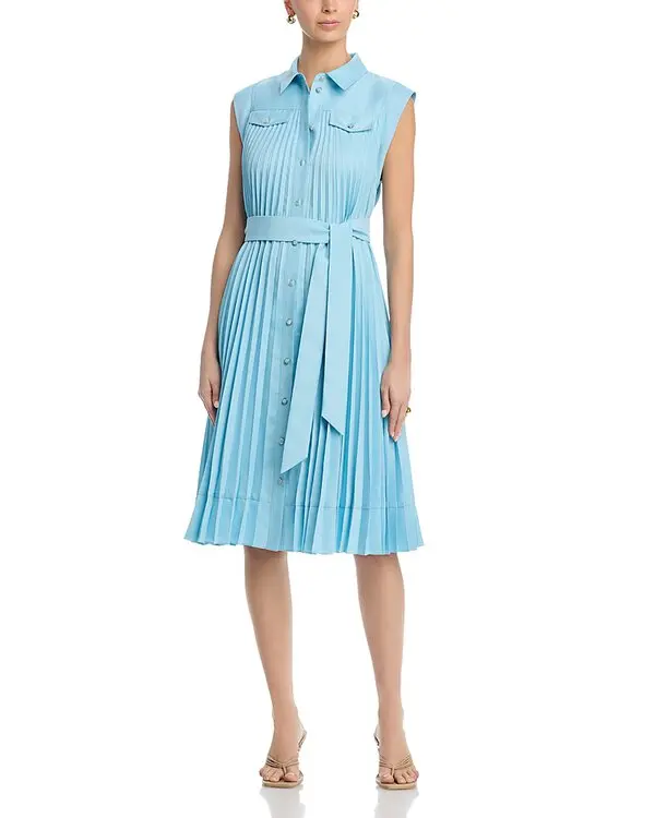 MILLY Johanna Pleated Twill Midi Dress - Mineral Blue