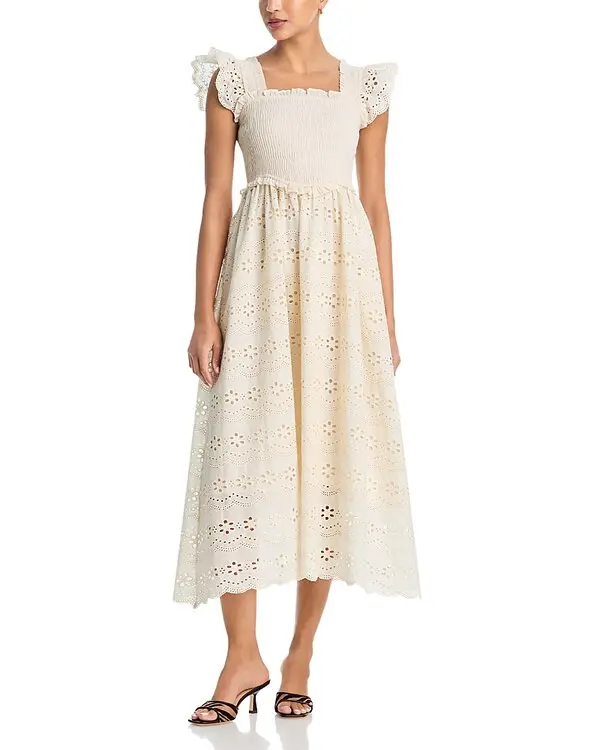 Aqua Eyelet Smocked Midi Dress - Ivory