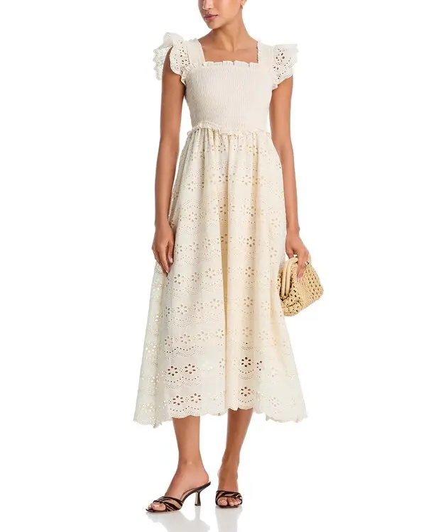 Aqua Eyelet Smocked Midi Dress