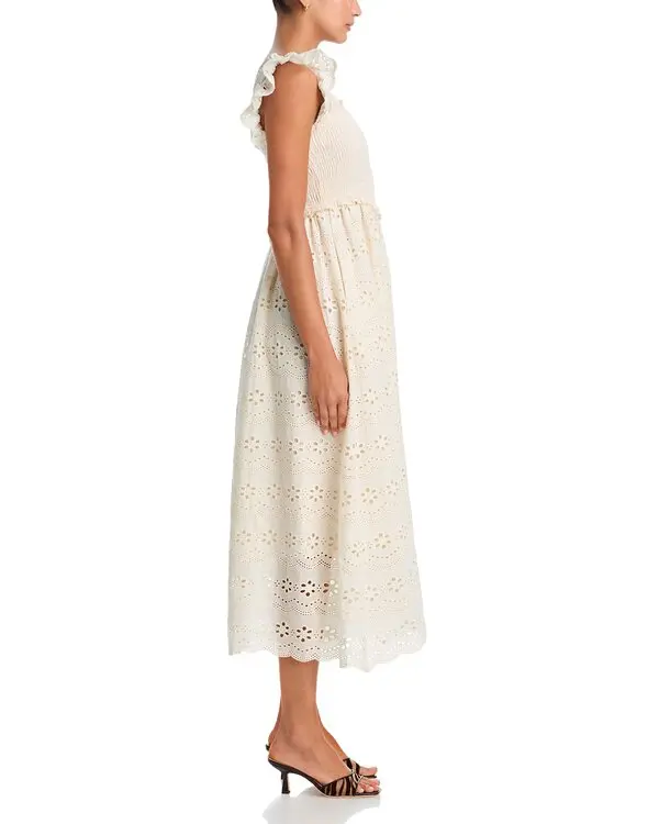 Aqua Eyelet Smocked Midi Dress