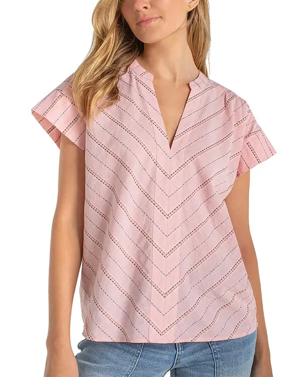 LIVERPOOL Short Sleeve Popover Woven Top - Pink Multi Stripe
