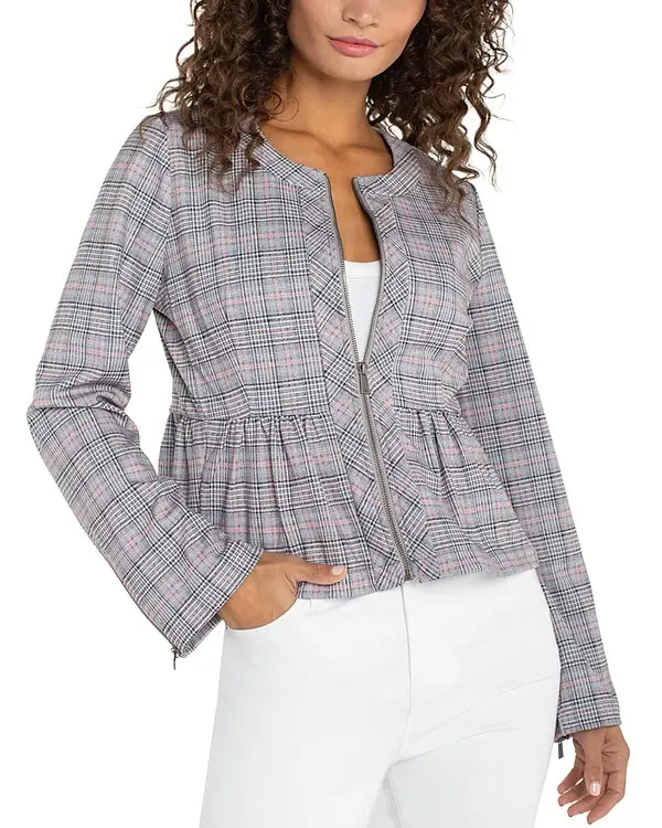 LIVERPOOL Plaid Peplum Jacket - Grey Blush Plaid