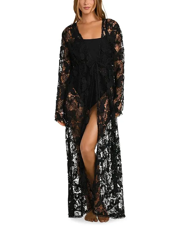 L'Agence Butterfly Crocheted Cover Up Robe - Black