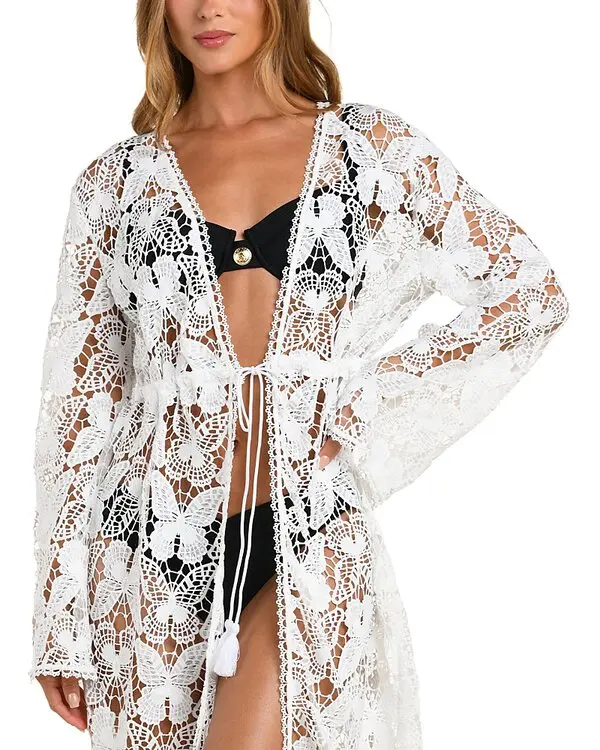 L'Agence Butterfly Crocheted Cover Up Robe - White