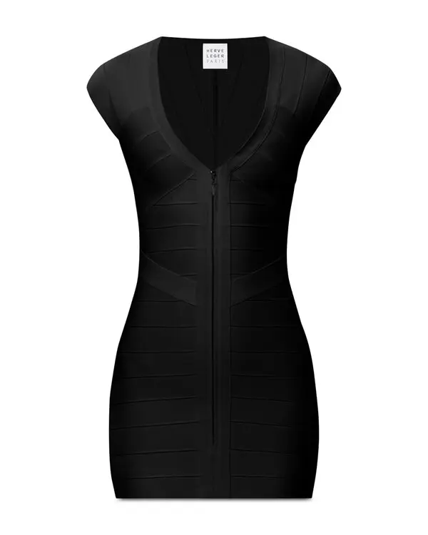 Herve Leger Bandage Mini Dress With Deep V-neck - Black