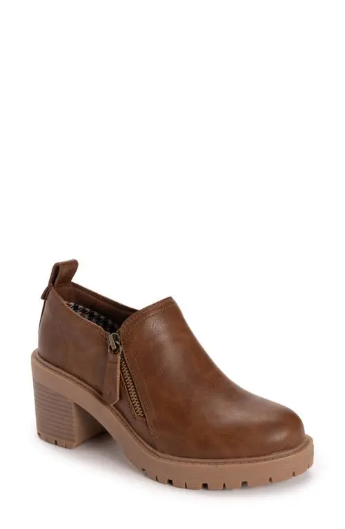 MUK LUKS Lainey Side Zip Bootie With Block Heel And Lug Sole - Dark Tan