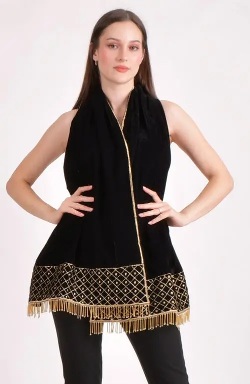 RAAS Hand Embroidered Velvet Scarf - Black