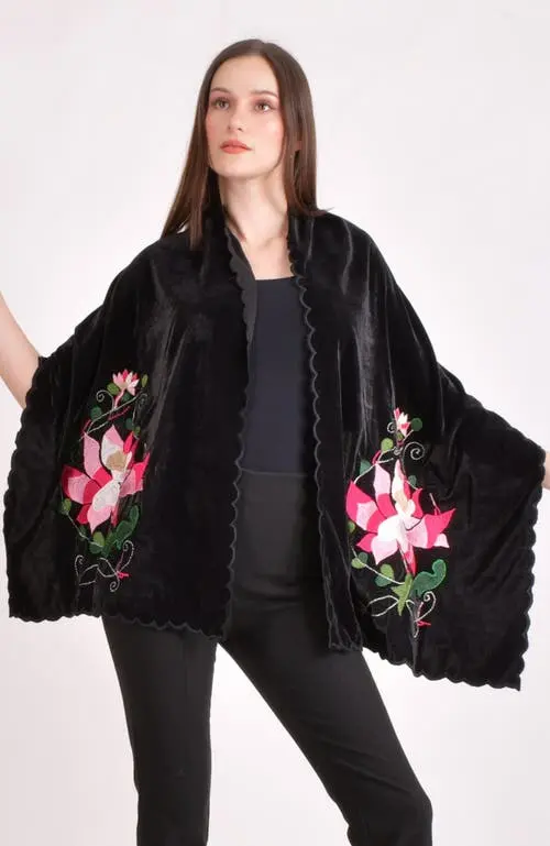 RAAS Hand Embroidered Velvet Scarf - Jet Black