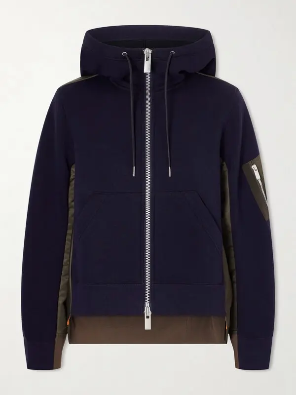 Sacai Sponge Sweat Shell-paneled Cotton-blend Jersey Zip-up Hoodie - Blue