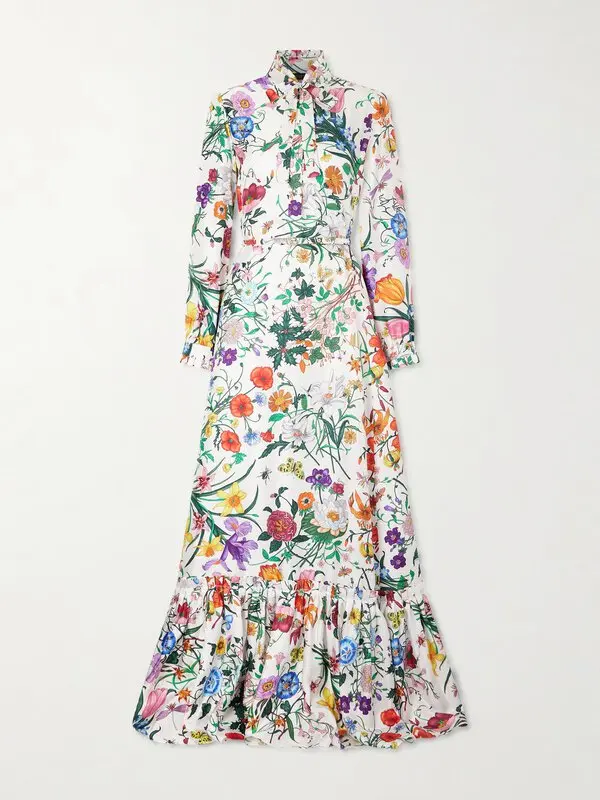 Gucci Belted Tie-detailed Pleated Floral-print Silk-twill Maxi Dress - Multi
