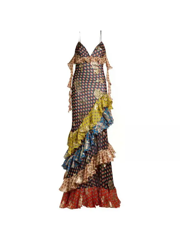 Etro Long Silk Dress With Fil Coupé Roses And Tie-inspired Motif - Black