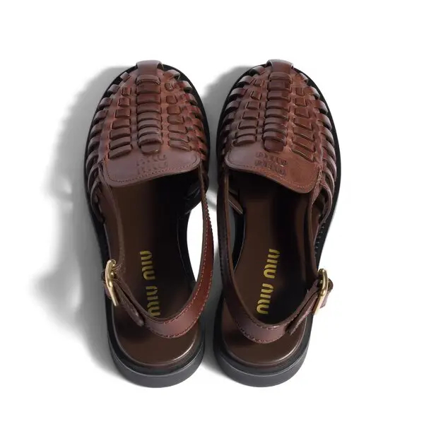 Miu Miu Woven Leather Slingback Loafers - Coffee