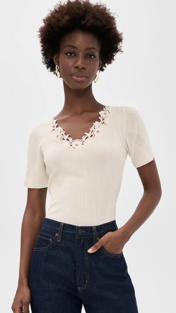 Ulla Johnson Celeste Short Sleeve Knit Top With Lace