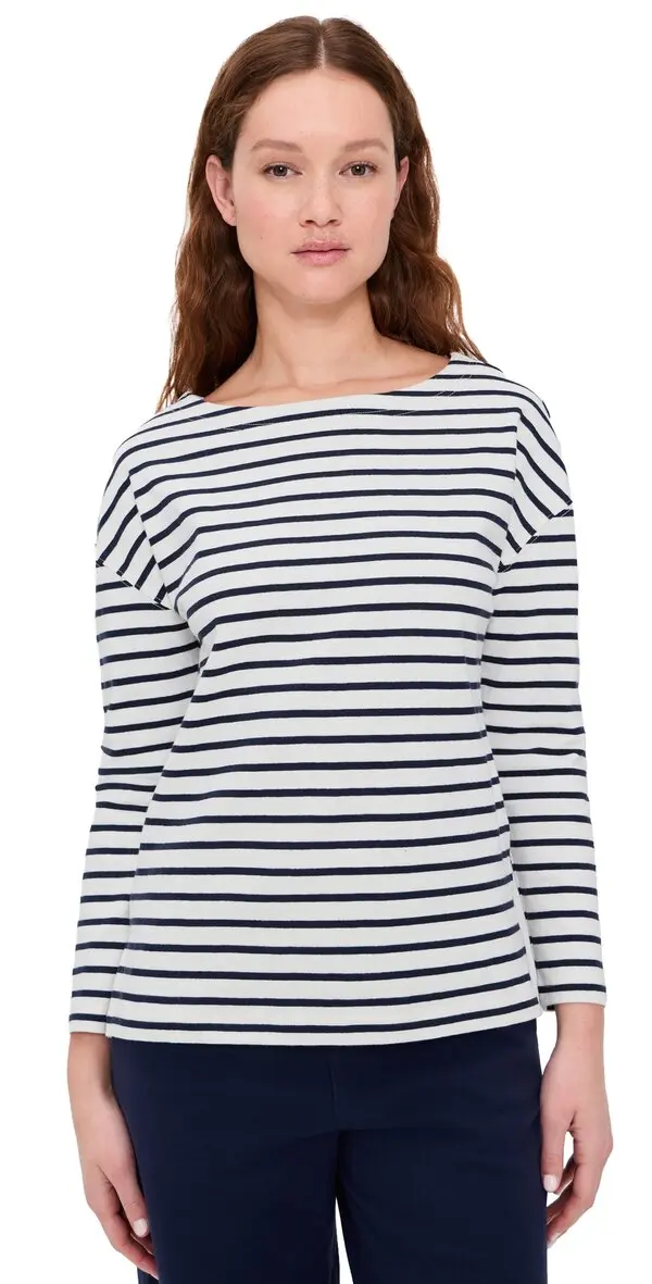 ALEX MILL Avignon Boat Neck Striped Tee In Cotton - Ivory/navy