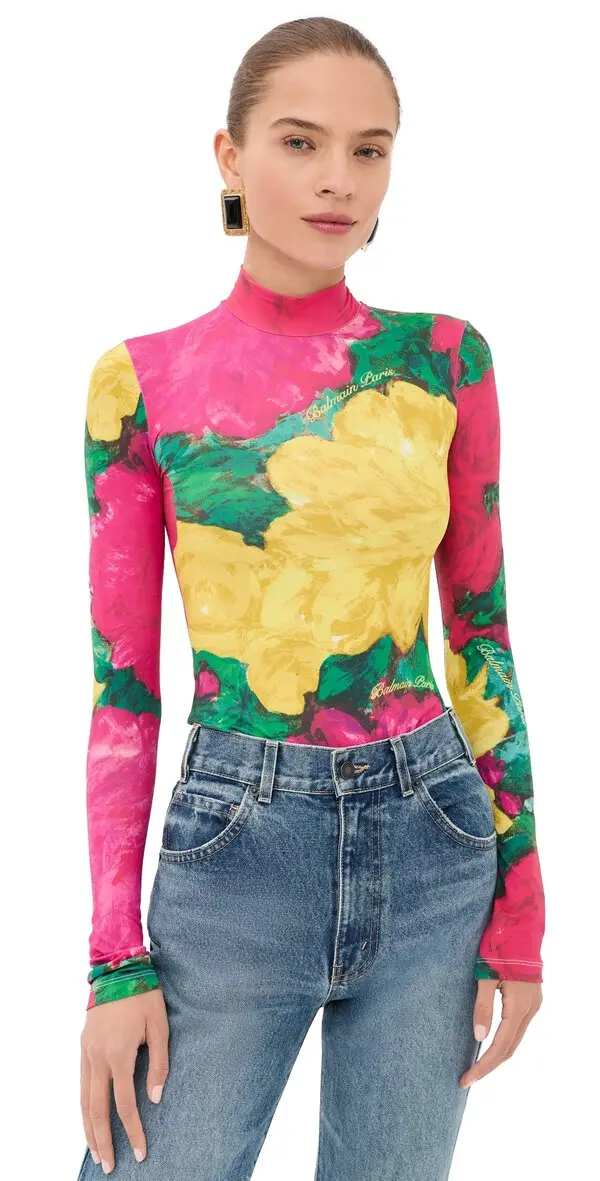Balmain Second Skin Roses Print Jersey Top