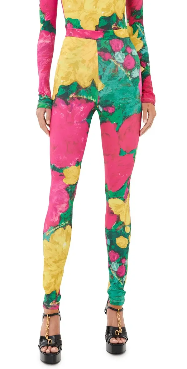 Balmain Second Skin Roses Print Jersey Leggings - Green/pink/yellow