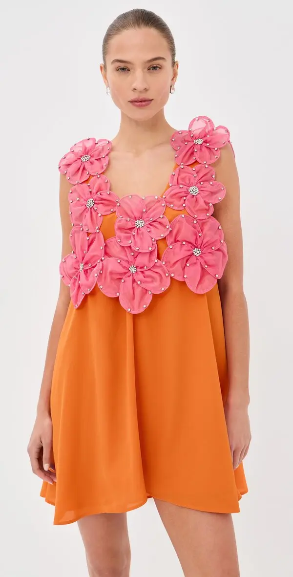 La Vie Style House 3d Jewel Floral Mini Swing Dress - Orange & Pink