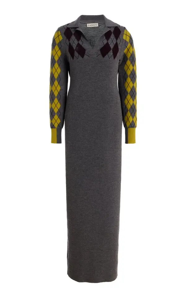 ZANKOV Raisa Merino Wool Argyle Midi Dress - Multi