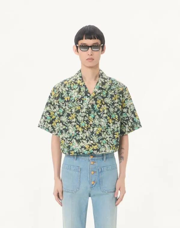 Valentino Garavani Cotton Poplin Bowling Shirt With Papier Floral Print - Black/multicolour
