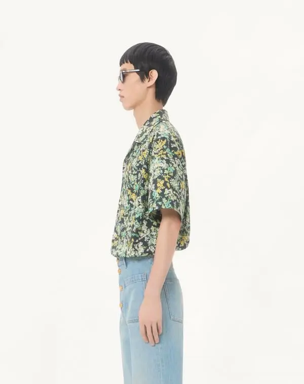 Valentino Garavani Cotton Poplin Bowling Shirt With Papier Floral Print - Black/multicolour