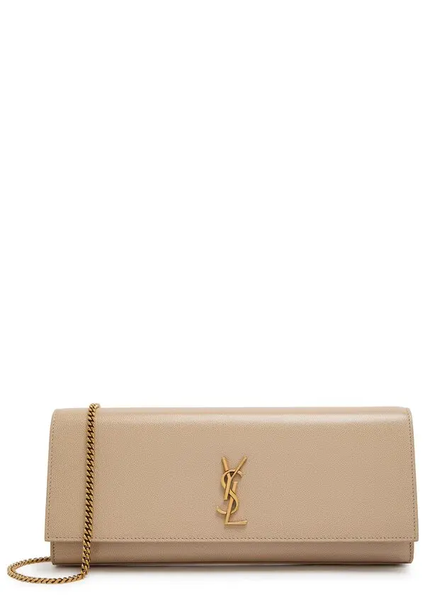 Saint Laurent Kate Logo Pebbled Leather Clutch - Beige