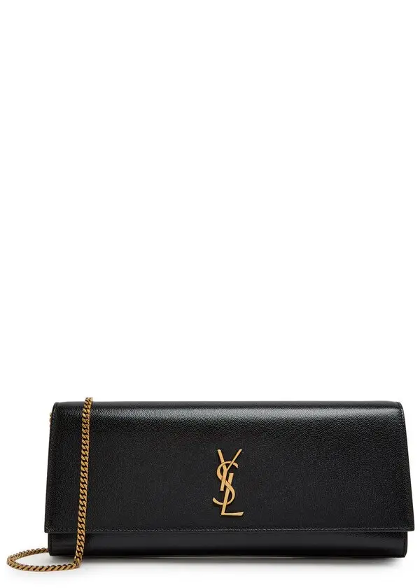 Saint Laurent Kate Logo Pebbled Leather Clutch - Black