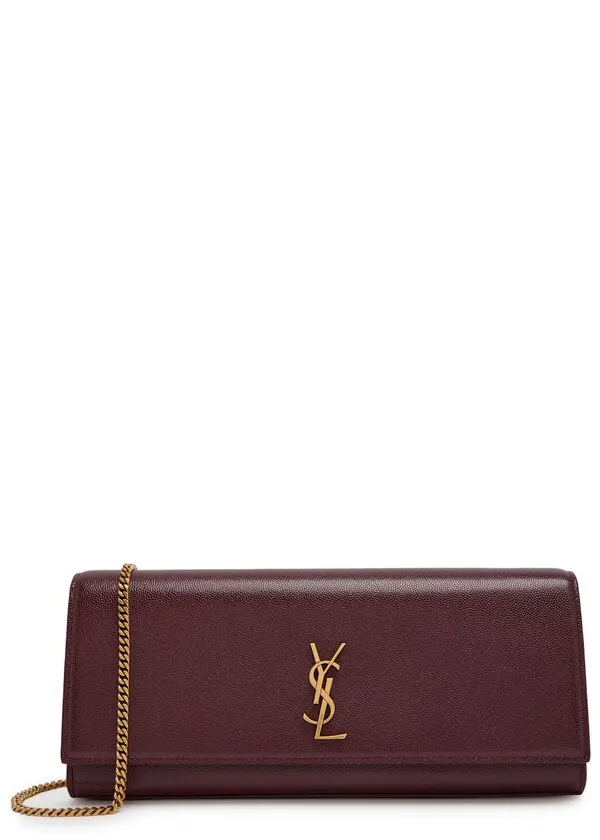 Saint Laurent Kate Logo Pebbled Leather Clutch - Burgundy