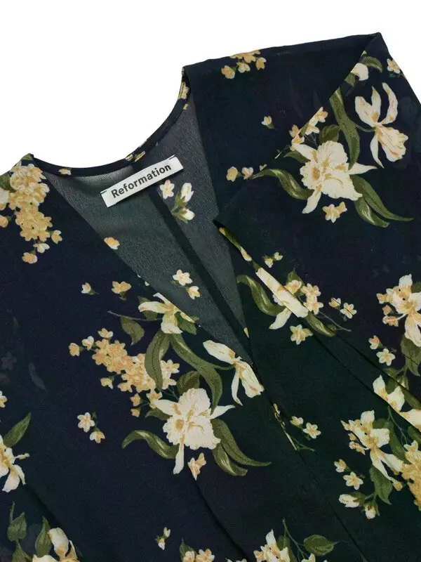 REFORMATION Navy Floral Print V-neck Short Sleeve Jumpsuit