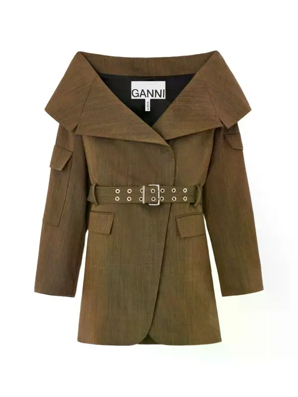 GANNI Belted Wide-collar Jacket - Brown