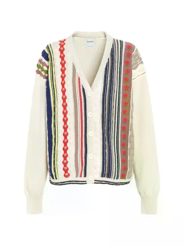 BARRIE Cashmere Stripe Motif Cardigan - Neutrals